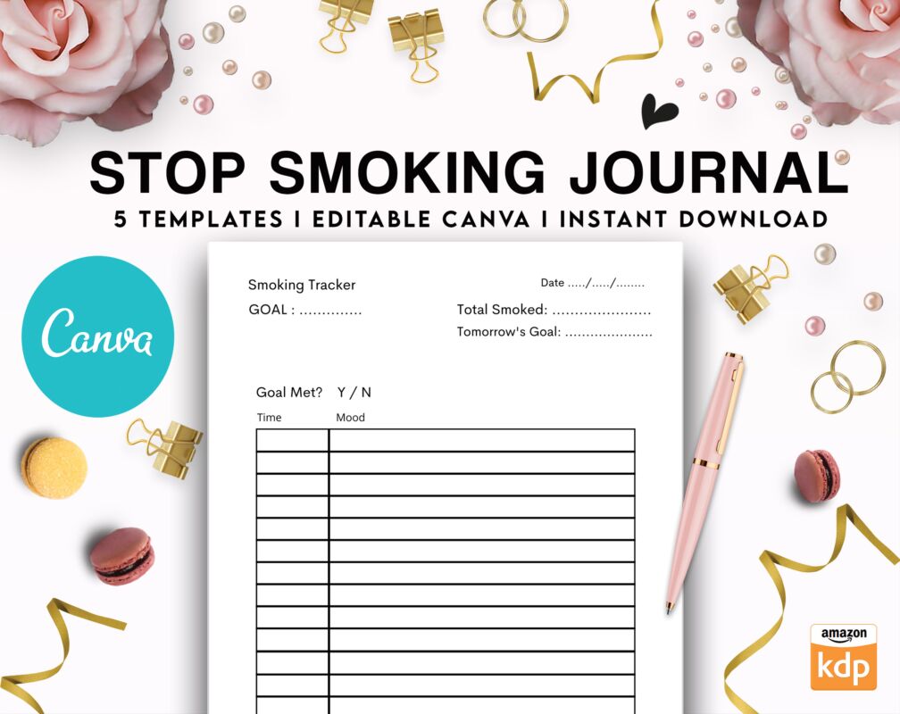 Stop Smoking Tracker 5 Editable Canva Templates for Journal, Canva KDP