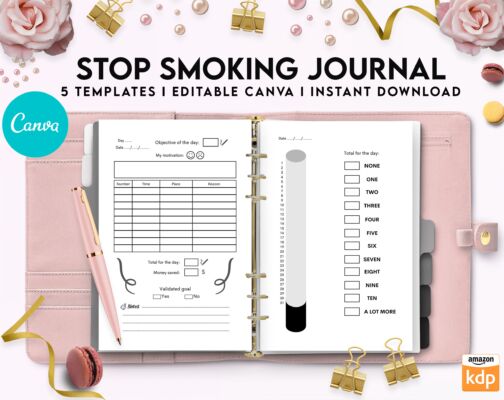 Stop Smoking Tracker 5 Editable Canva Templates for Journal, Canva KDP