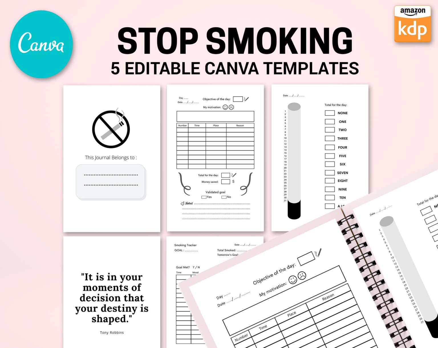 Stop Smoking Tracker 5 Editable Canva Templates for Journal, Canva KDP