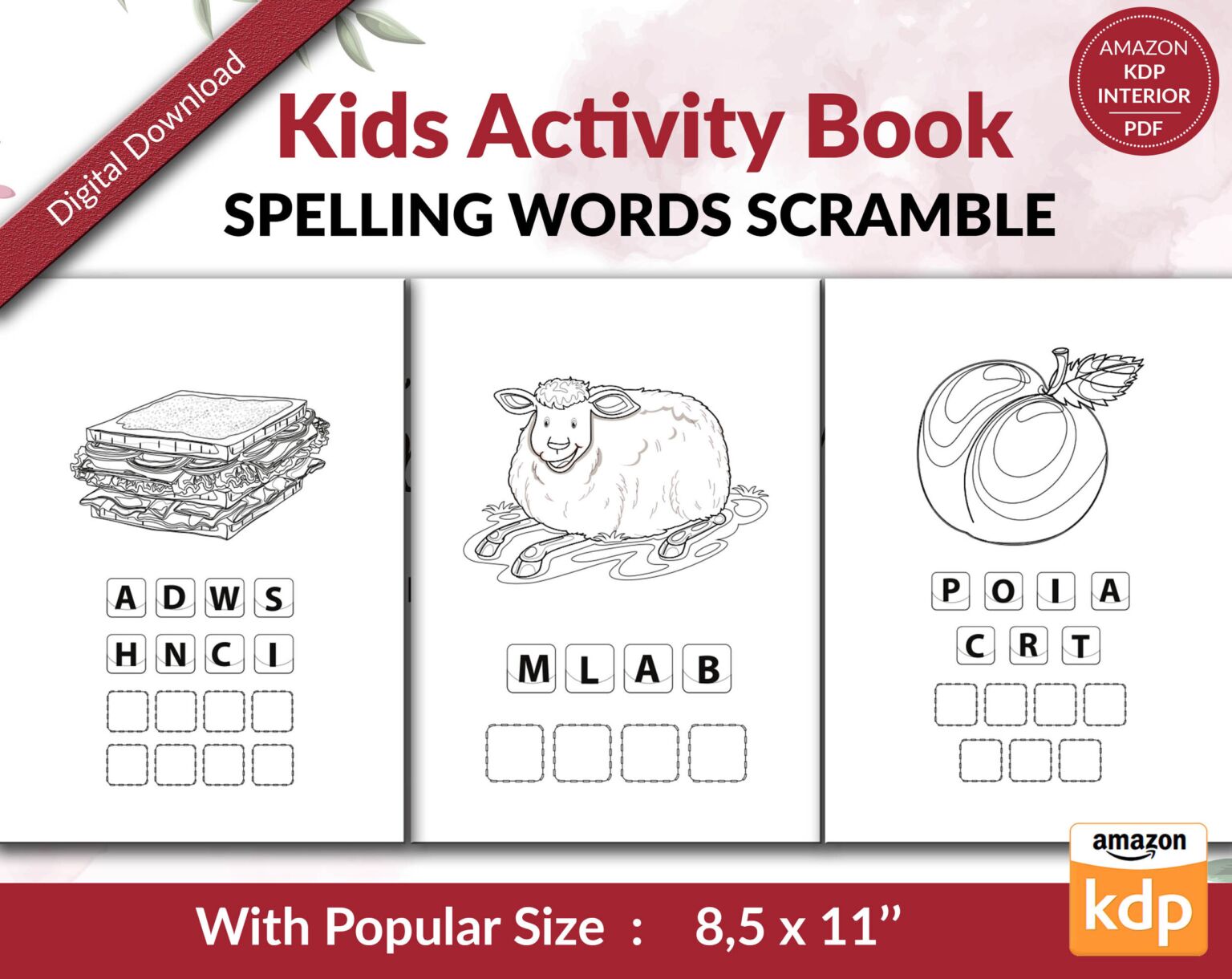 Spelling Words Scramble Book KDP interior Kids Activity Book 8.5x11" PDF