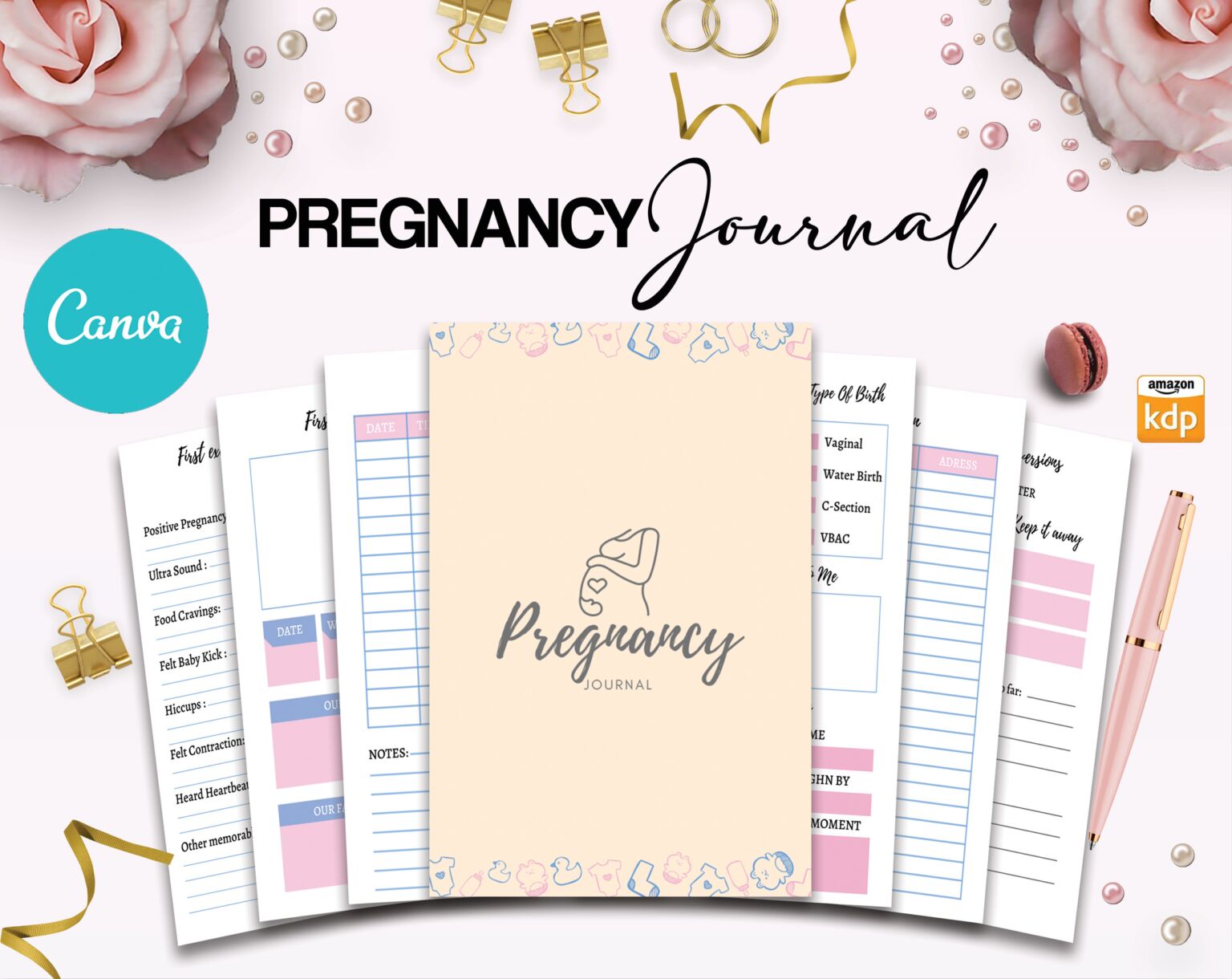 Pregnancy journal 17 Editable Templates for Journal, Canva KDP Planner ...