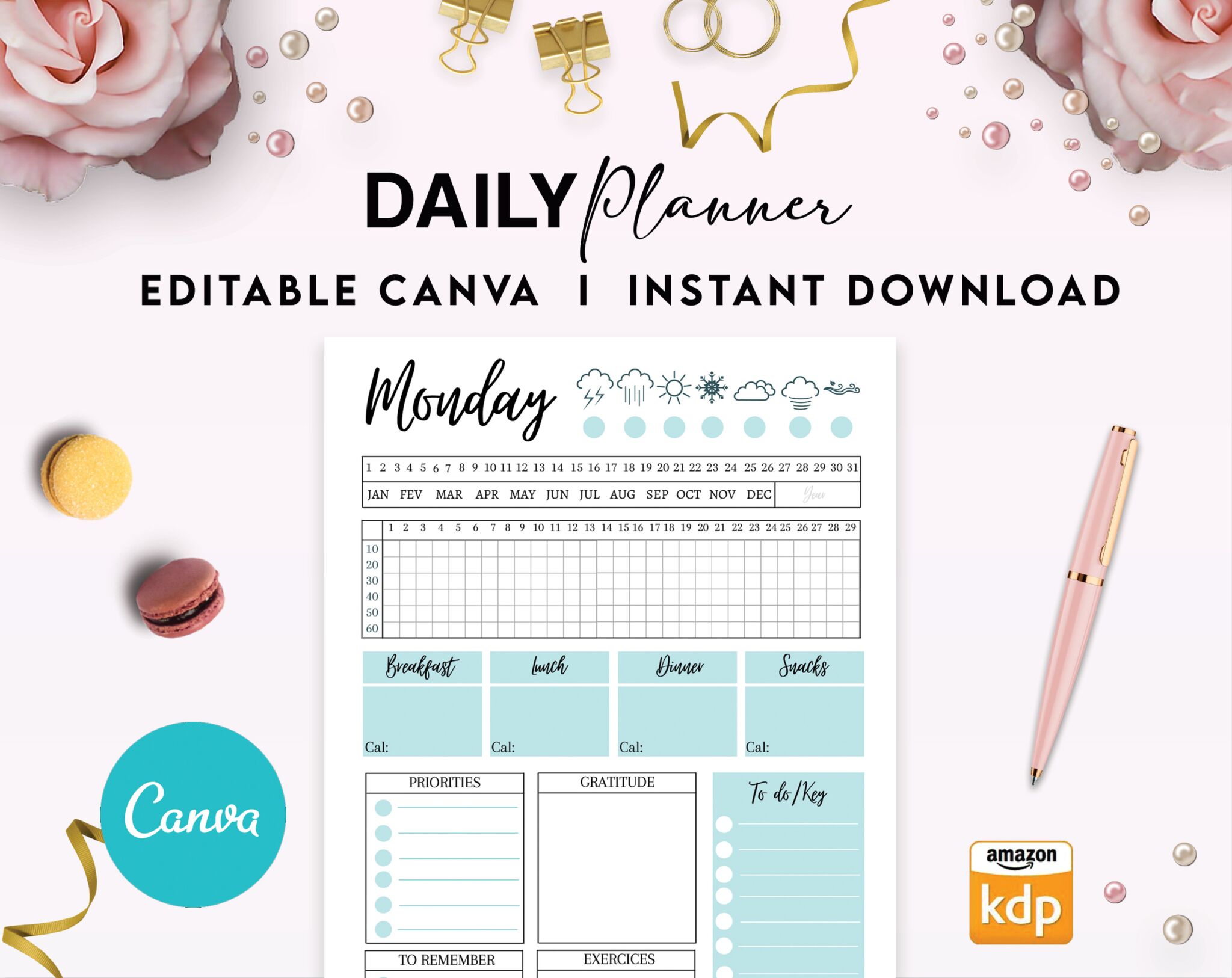 Advanced Daily Planner Editable Templates for Journal, Canva KDP Planner