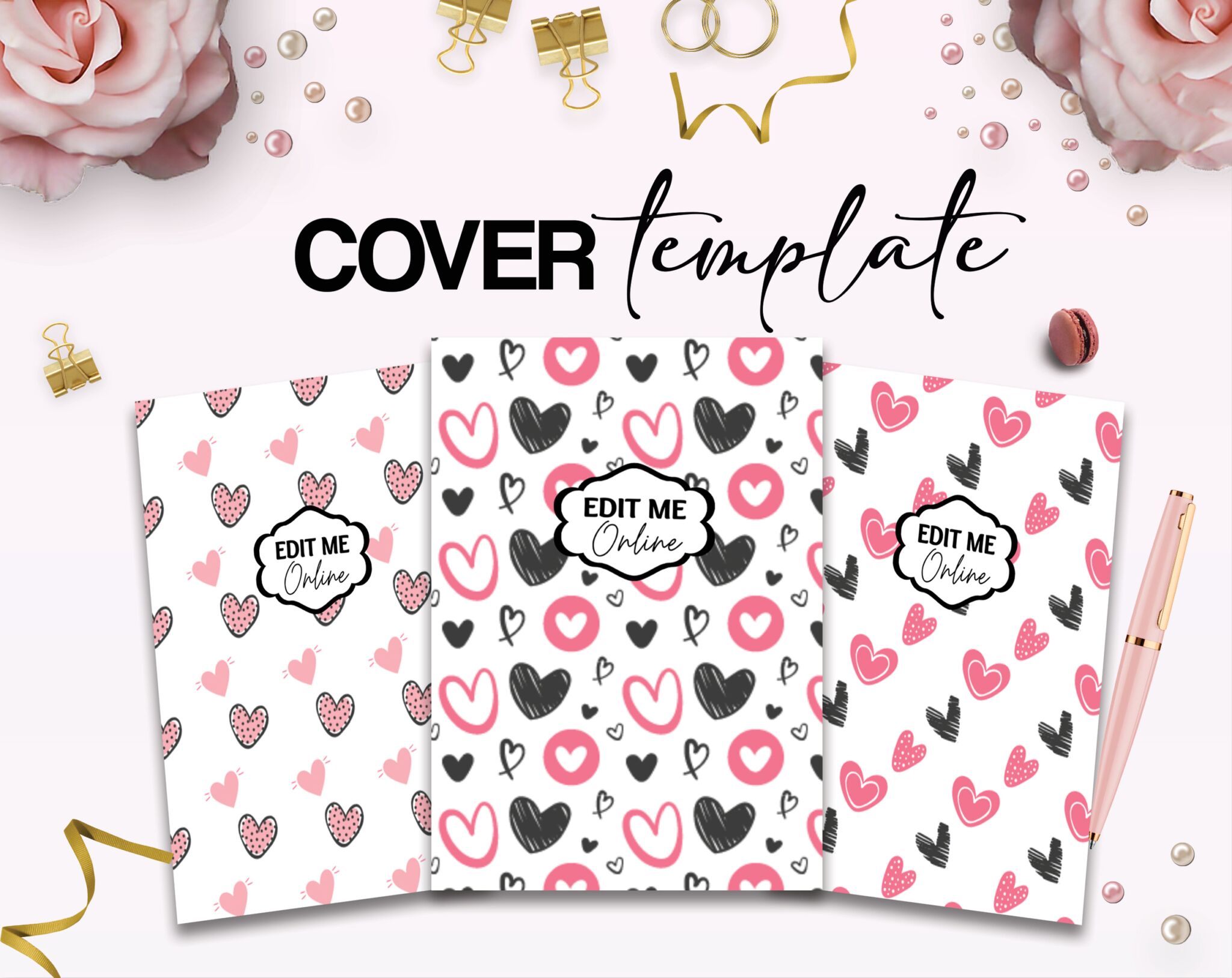 Hearth Pattern girl pink Book Cover Template Bundle Canva Editable For ...