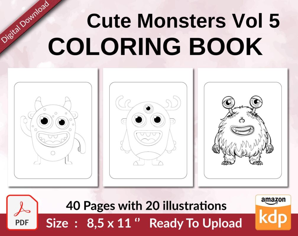Cute Monsters Vol 5 Coloring book KDP interior For Kids aged 2-4 4-8, 8 ...