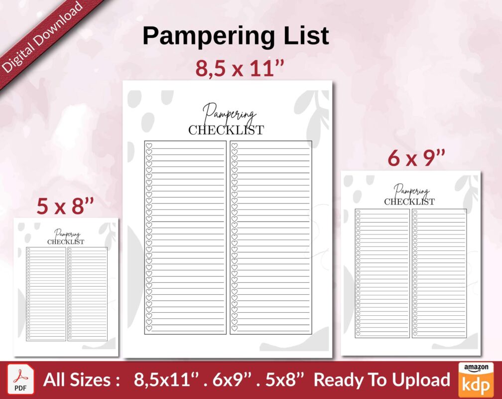 Pampering List KDP interior Ready To Upload, Sizes 8.5x11 6x9 5x8 inch ...