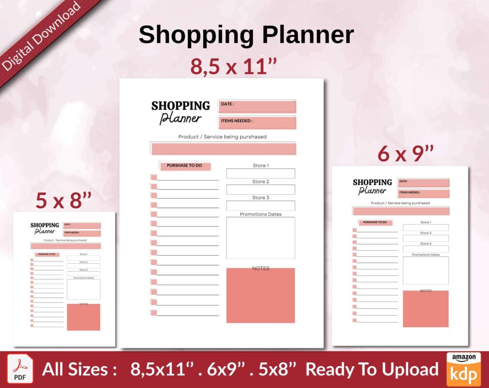 Shopping Planner KDP interior Ready To Upload, Sizes 8.5x11 6x9 5x8 ...