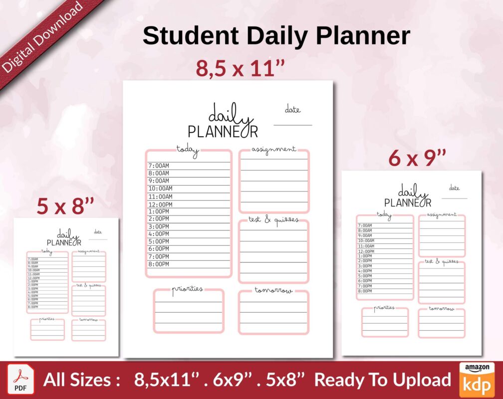 Student Daily Planner KDP interior Ready To Upload, Sizes 8.5x11 6x9 ...