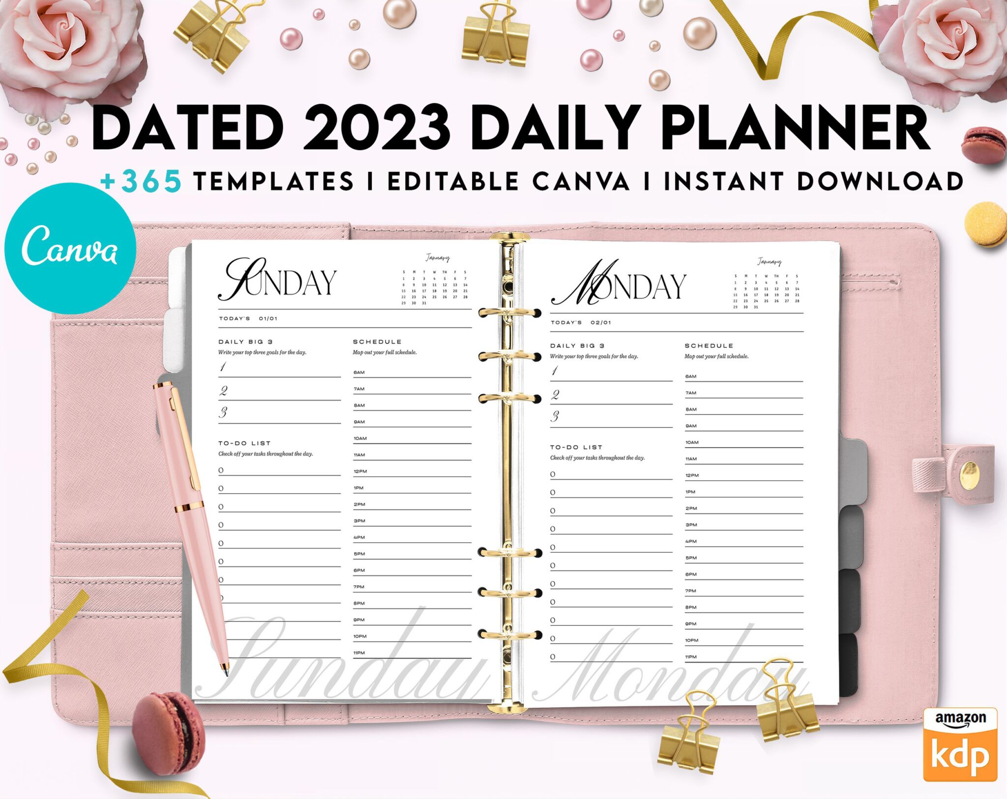 Dated 2023 Daily Planner 365 Canva Templates 8 5x11 Printable Editable With 2023 Calendar 