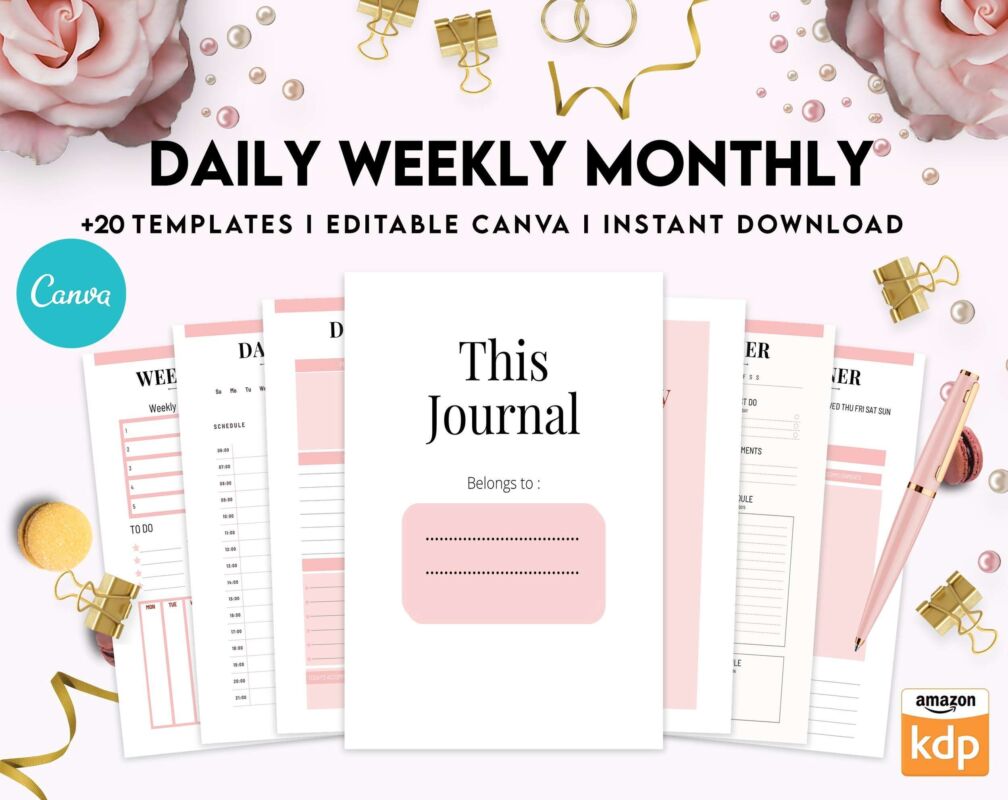 Daily weekly monthly Journal, undated journal, Canva Editable Templates ...