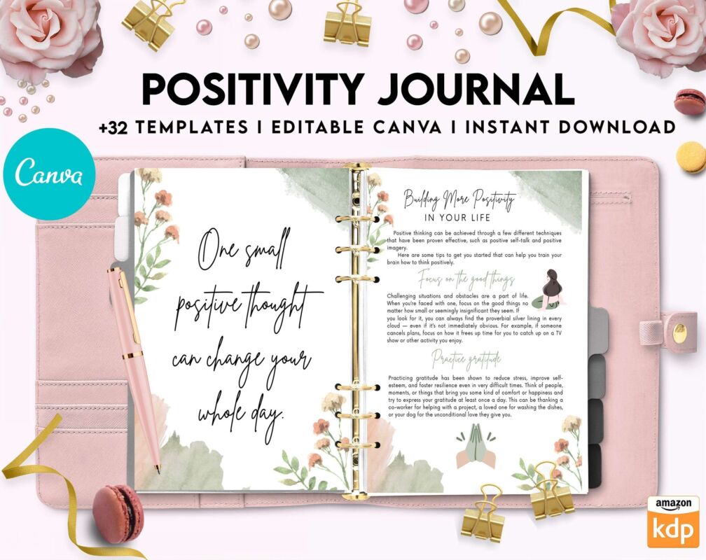 Positivity journal, positive mindset, happiness journal, Canva Editable ...